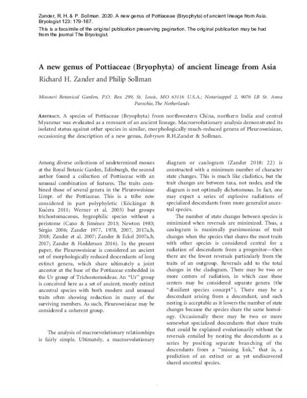 (PDF) A new genus of Pottiaceae (Bryophyta) of ancient lineage from Asia.
