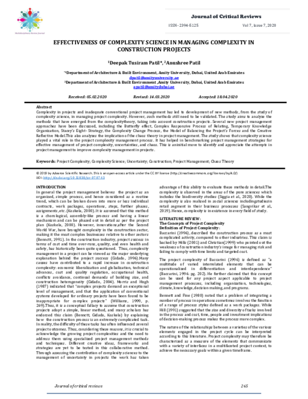 Pdf Effectiveness Of Complexity Science In Managing Complexity In Construction Projects