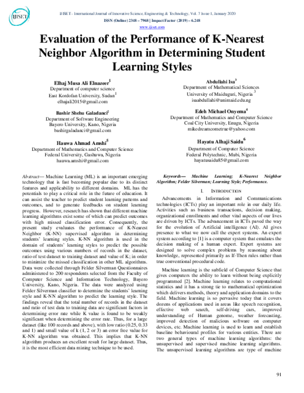 (PDF) Evaluation of the Performance of K-Nearest Neighbor Algorithm in ...