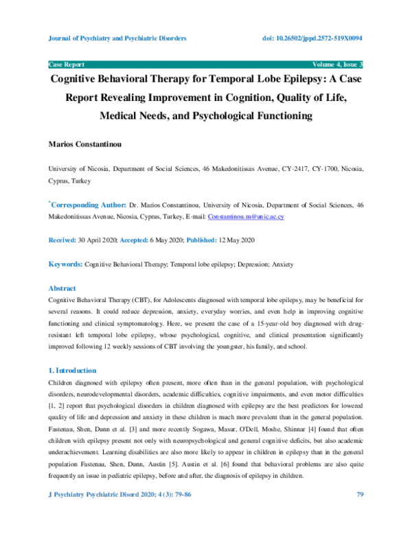 (PDF) Cognitive Behavioral Therapy for Temporal Lobe Epilepsy: A Case Report Revealing ...