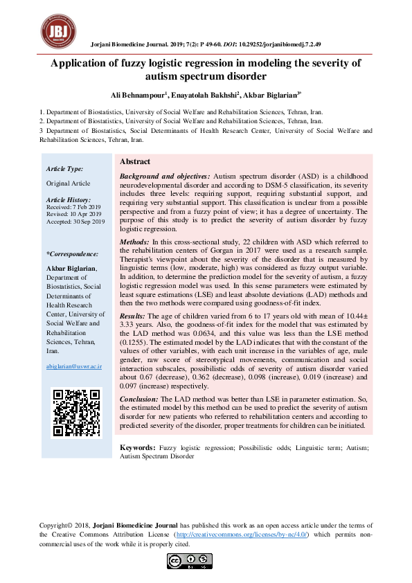 (PDF) Application of fuzzy logistic regression in modeling the severity of autism spectrum disorder