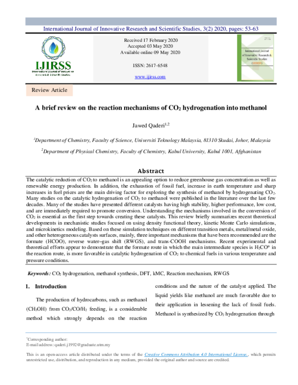 (PDF) A brief review on the reaction mechanisms of CO2 hydrogenation into methanol