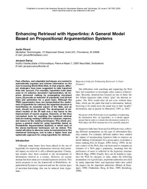 (PDF) Enhancing Retrieval with Hyperlinks: A General Model Based on Propositional Argumentation ...