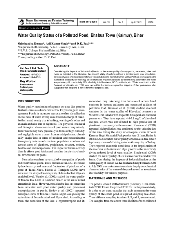 (PDF) Water Quality Status of a Polluted Pond, Bhabua Town (Kaimur ...