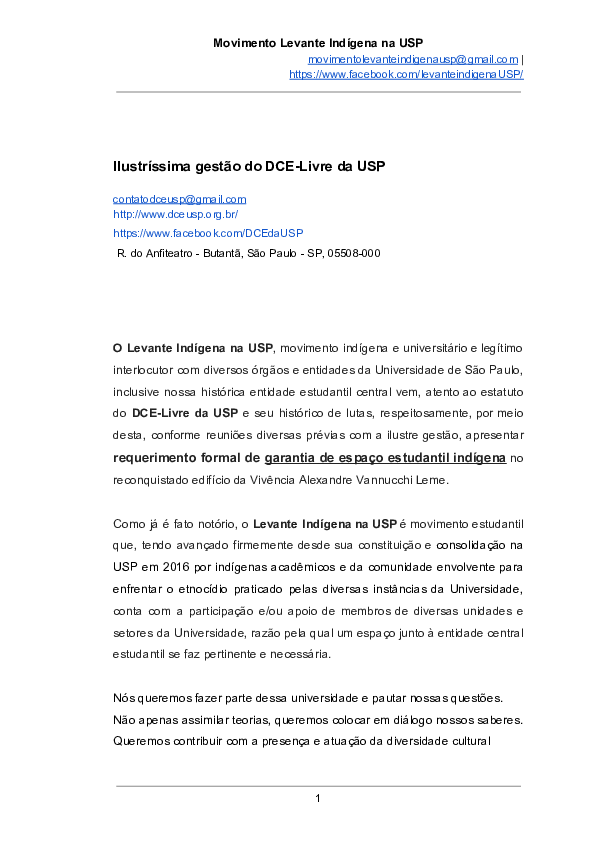 (PDF) Movimento Levante Indígena na USP Ilustríssima gestão do DCE-Livre da USP