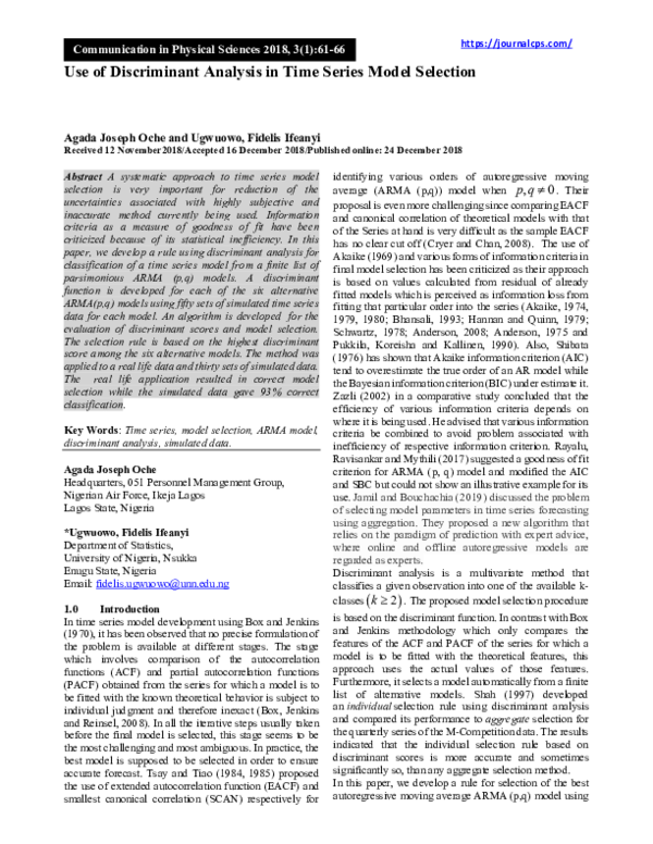 Pdf Use Of Discriminant Analysis In Time Series Model Selection