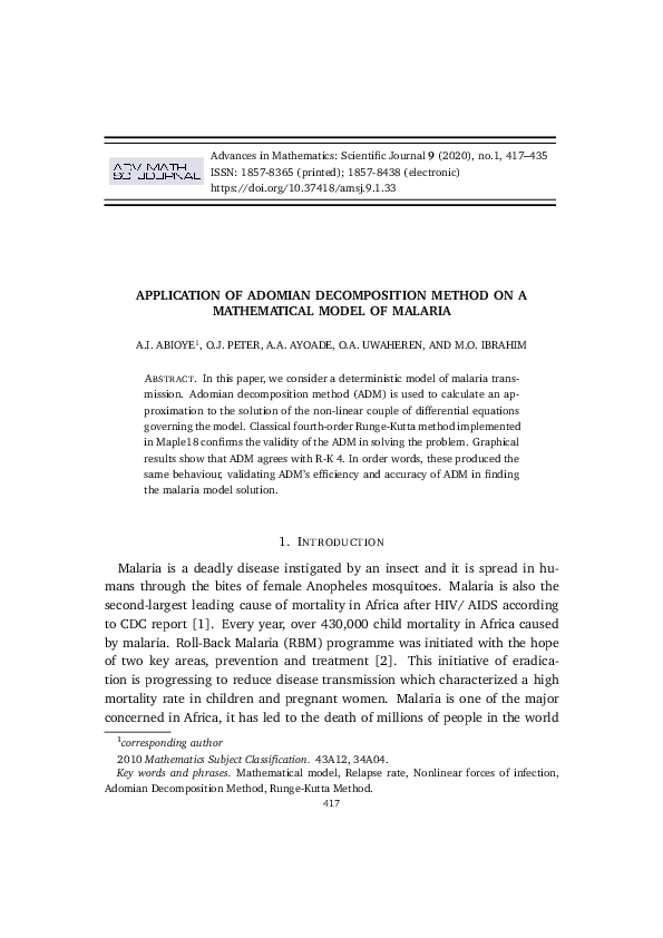 Pdf Application Of Adomian Decomposition Method On A Mathematical Model Of Malaria