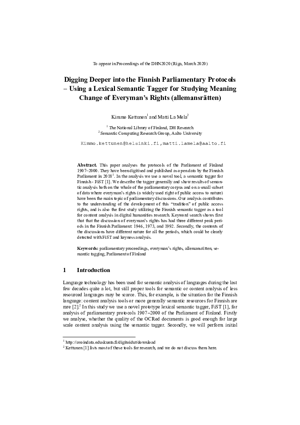 (PDF) Digging Deeper into the Finnish Parliamentary Protocols -Using a Lexical Semantic Tagger ...