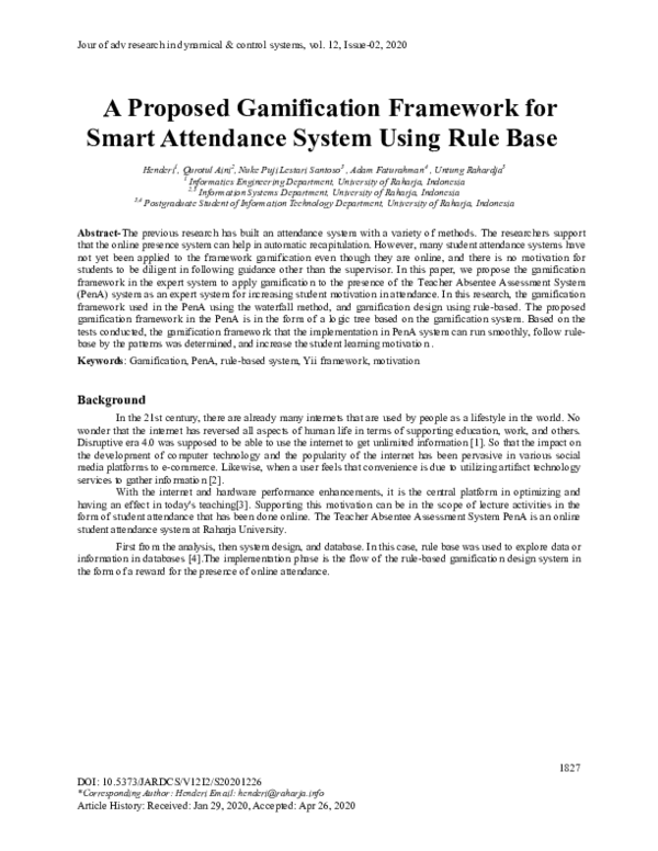 (PDF) A Proposed Gamification Framework for Smart Attendance System Using Rule Base