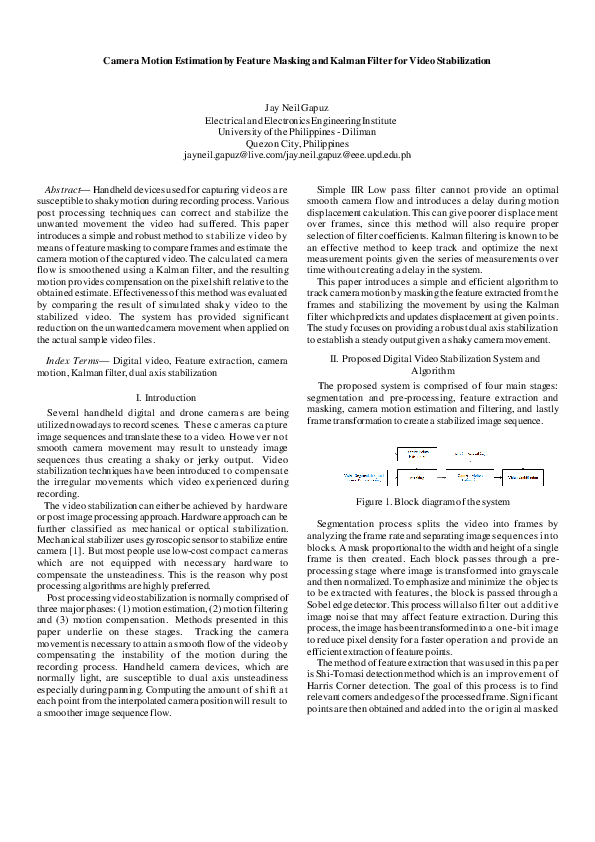 (PDF) Camera Motion Estimation Using Feature Masking and Kalman Filter for Video Stabilization