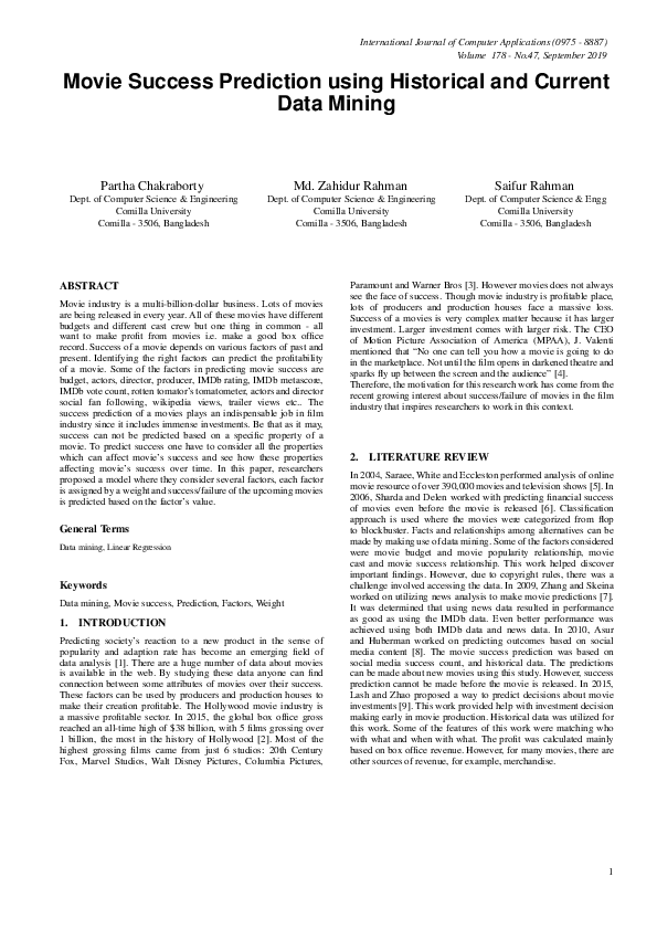 (PDF) Movie Success Prediction using Historical and Current Data Mining