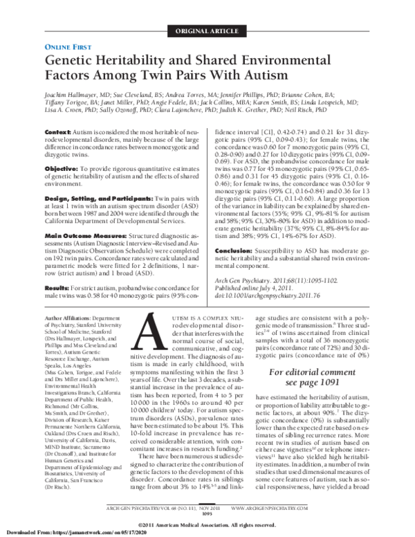 (PDF) Genetic Heritability and Shared Environmental Factors Among Twin ...