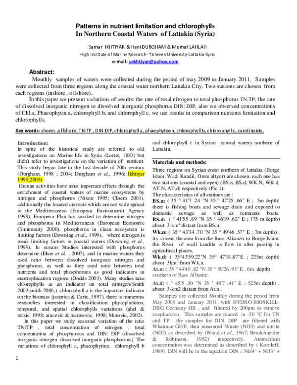(PDF) Patterns in nutrient limitation and chlorophylls In Northern Coastal Waters of Lattakia (Syria