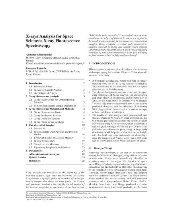 (PDF) X-rays Analysis for Space Sciences: X-ray Fluorescence Spectroscopy