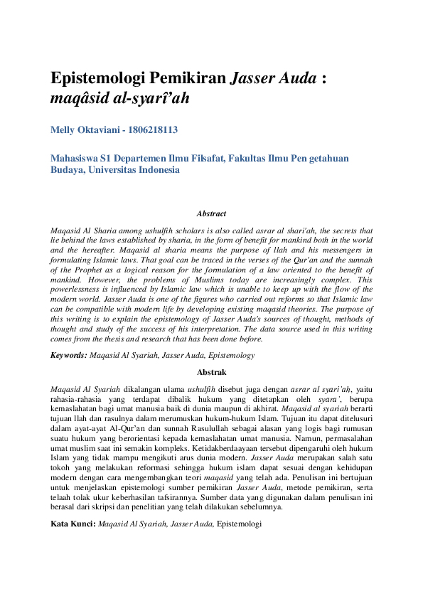 (PDF) Epistemologi Pemikiran Jasser Auda : maqâsid al-syarî'ah