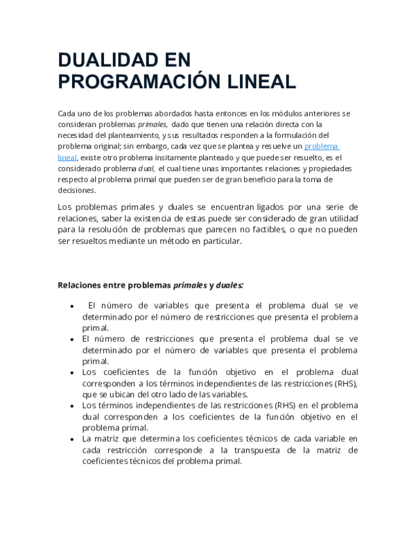 (DOC) DUALIDAD EN PROGRAMACIÓN LINEAL