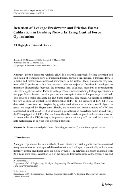 (PDF) Detection of Leakage Freshwater and Friction Factor Calibration in Drinking Networks Using ...