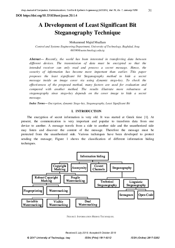 Pdf A Development Of Least Significant Bit Steganography Technique