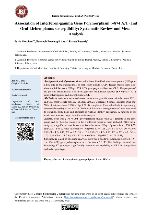 (PDF) Association of Interferon-gamma Gene Polymorphism (+874 A/T) and Oral Lichen planus ...