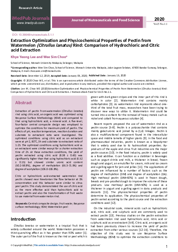 Pdf Extraction Optimization And Physicochemical Properties Of Pectin