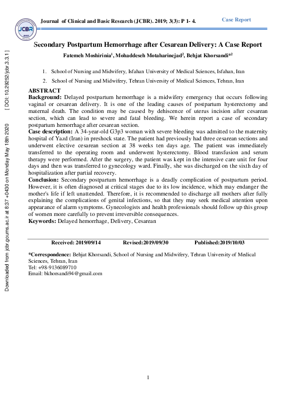 (PDF) Secondary Postpartum Hemorrhage after Cesarean Delivery: A Case ...