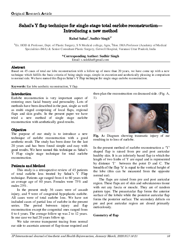 (PDF) Sahai's Y flap technique for single stage total earlobe ...