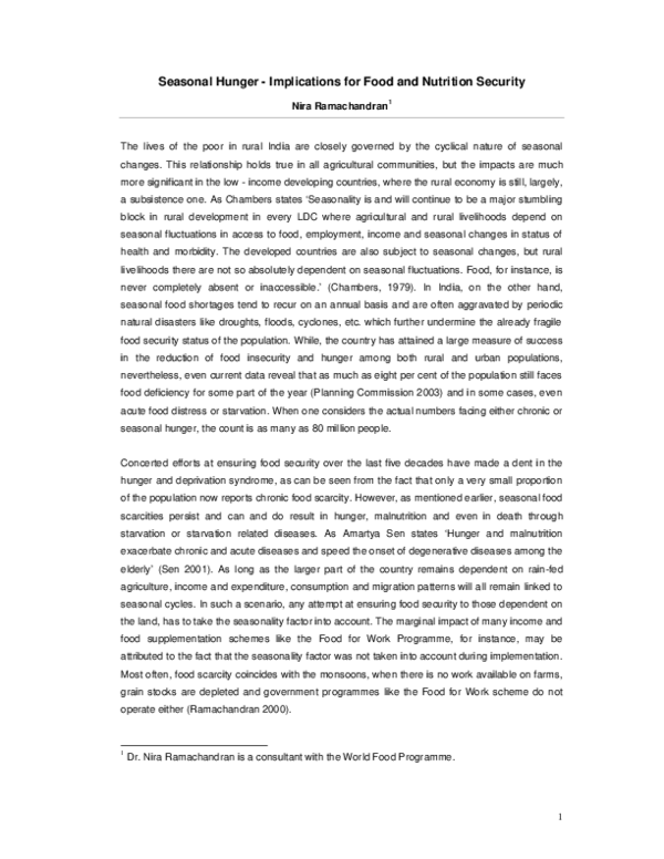 (PDF) Seasonal Hunger -Implications for Food and Nutrition Security