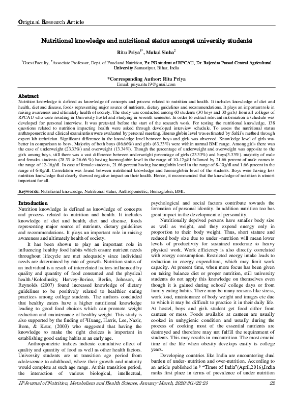 (PDF) Nutritional knowledge and nutritional status amongst university ...