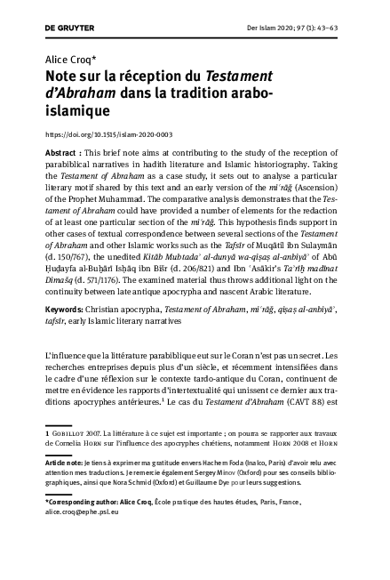 (PDF) “Note sur la réception du Testament d'Abraham dans la tradition ...