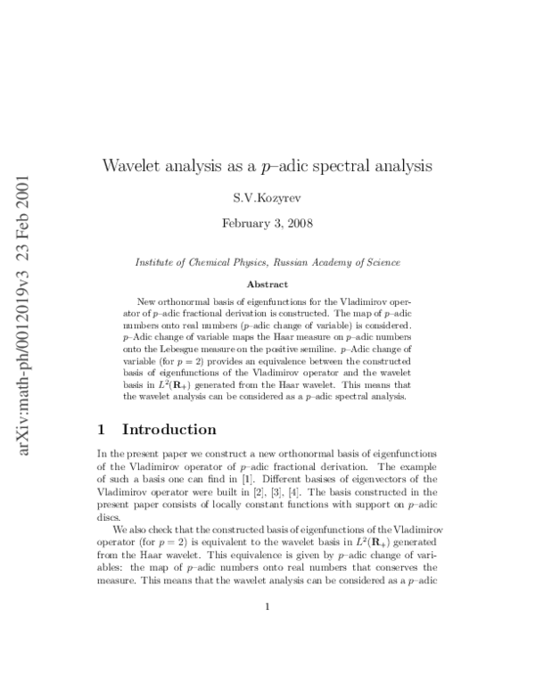 Pdf Wavelet Theory As P Adic Spectral Analysis Kozyrev Sergei
