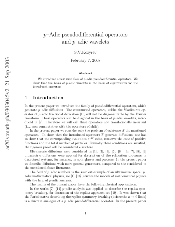 Pdf P Adic Pseudodifferential Operators And P Adic Wavelets