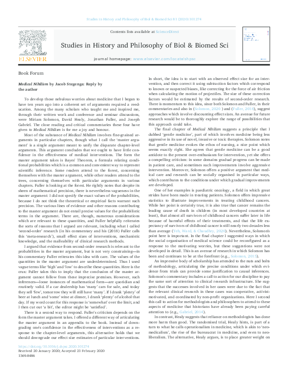 (PDF) Medical Nihilism by Jacob Stegenga: Reply by the author