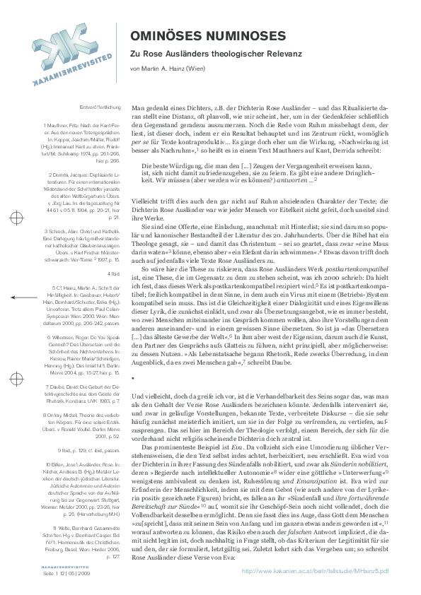 (PDF) OMINÖSES NUMINOSES. Zu Rose Ausländers theologischer Relevanz