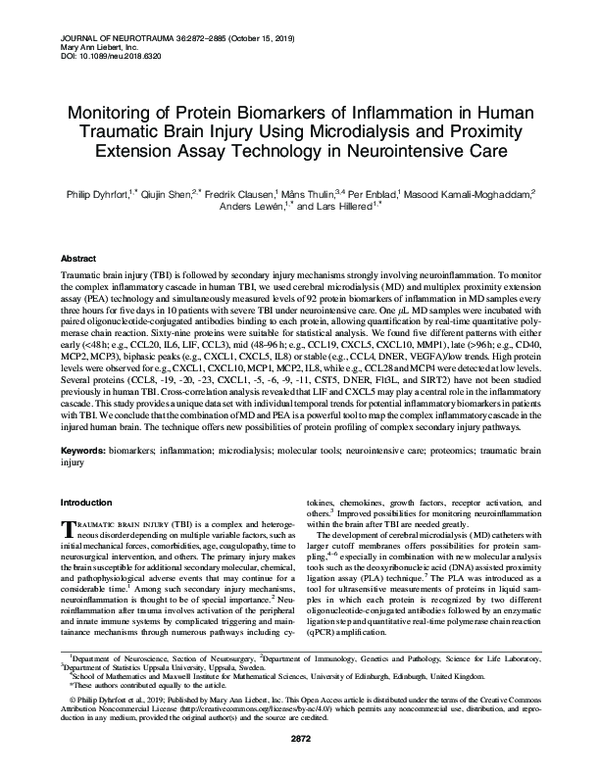 (PDF) Monitoring of Protein Biomarkers of Inflammation in Human Traumatic Brain Injury Using ...