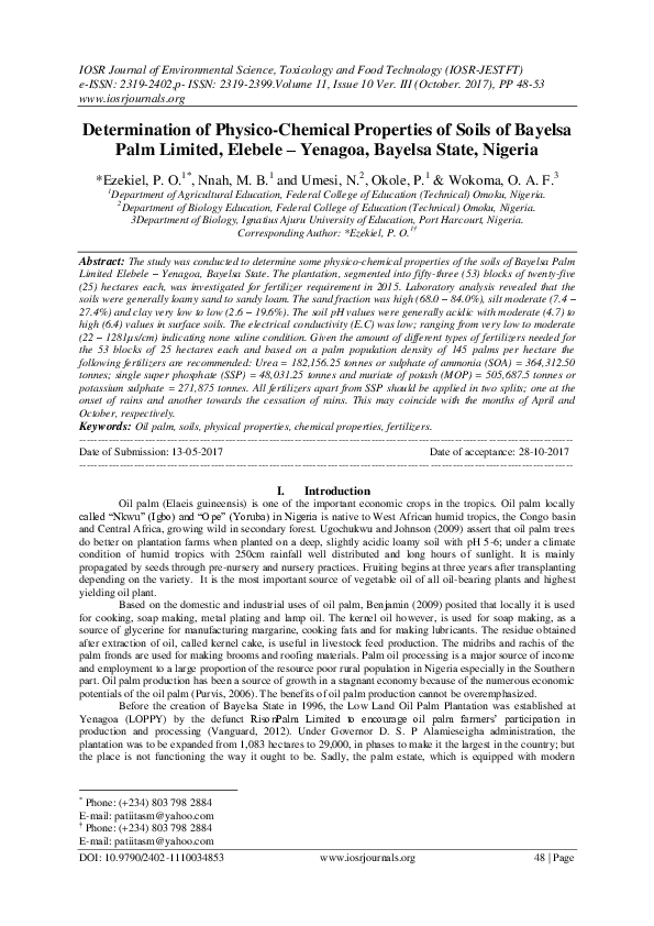 (PDF) Determination of Physico-Chemical Properties of Soils of Bayelsa Palm Limited, Elebele ...