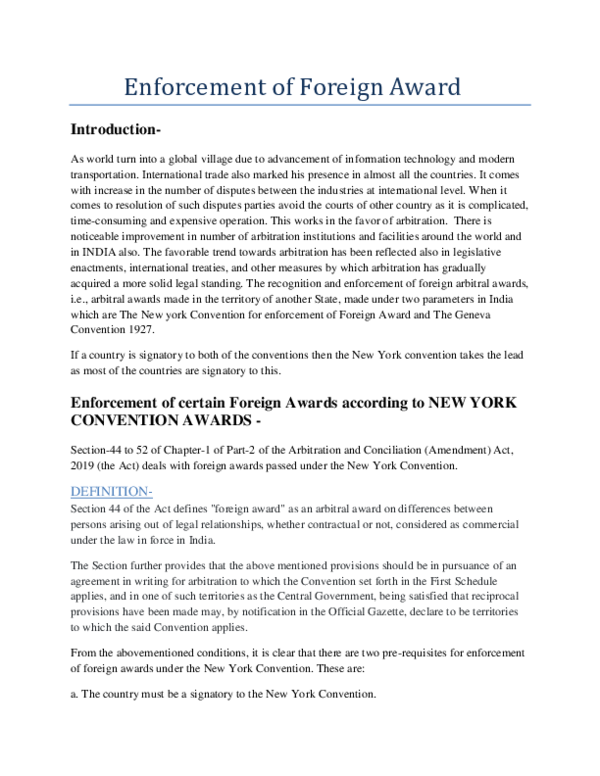 (PDF) Enforcement of Foreign Award