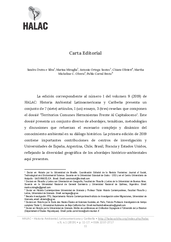 (PDF) Carta Editorial HALAC. Volumen 9 N°1
