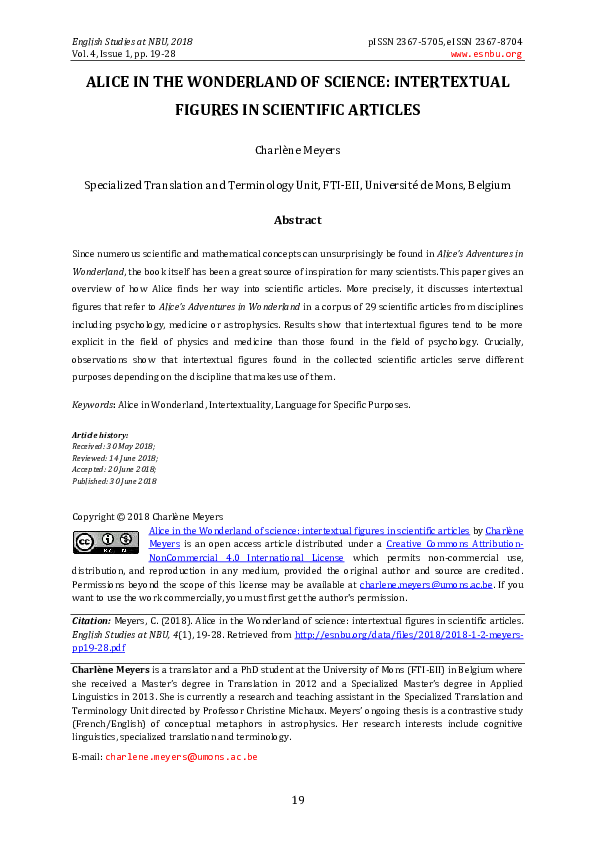 (PDF) ALICE IN THE WONDERLAND OF SCIENCE: INTERTEXTUAL FIGURES IN ...