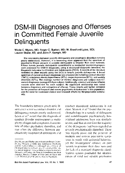 (PDF) DSM-III Diagnoses and Offenses in Committed Female Juvenile Delinquents