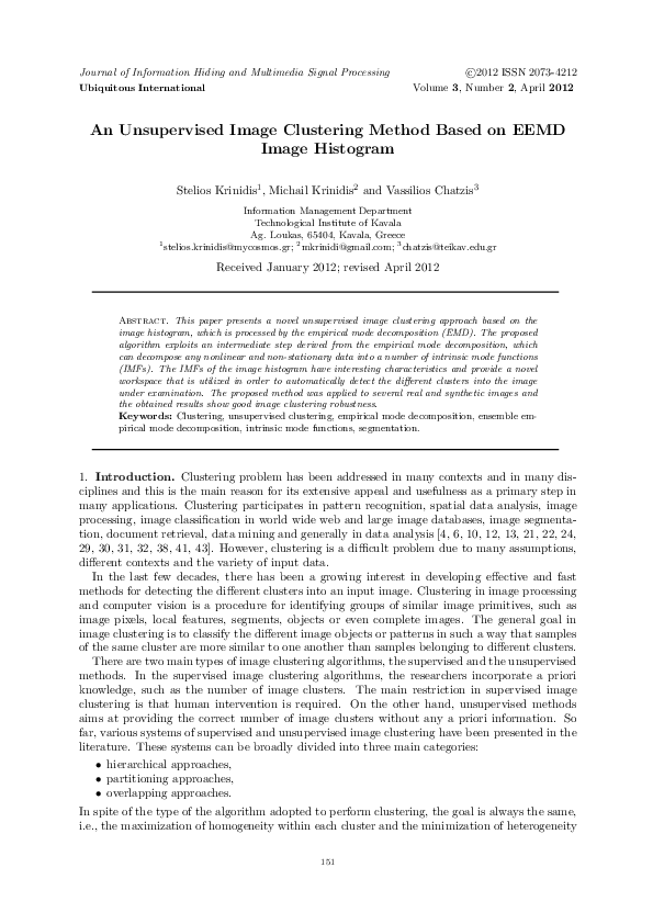 Pdf An Unsupervised Image Clustering Method Based On Eemd Image Histogram