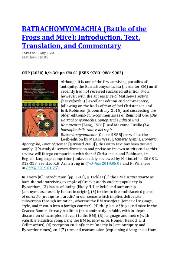 (PDF) Review of: Matthew Hosty (ed.), Batrachomyomachia (Battle of the ...