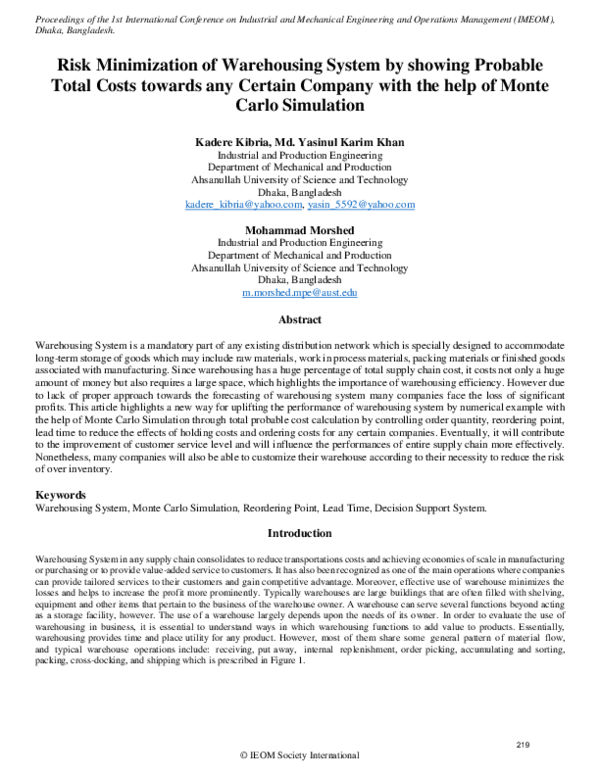 (PDF) Risk Minimization of Warehousing System by showing Probable Total ...
