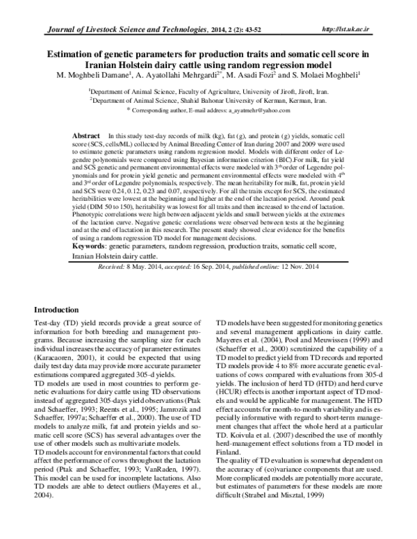 (PDF) Estimation of genetic parameters for production traits and somatic cell score in Iranian ...