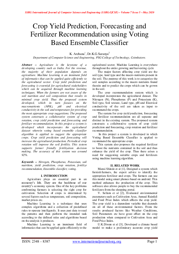 (PDF) Crop Yield Prediction, Forecasting and Fertilizer Recommendation using Voting Based ...