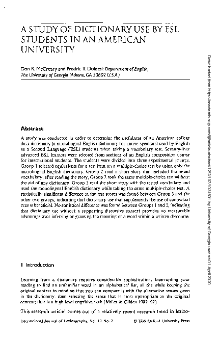 (PDF) A Study of Dictionary Use by ESL Students in an American University