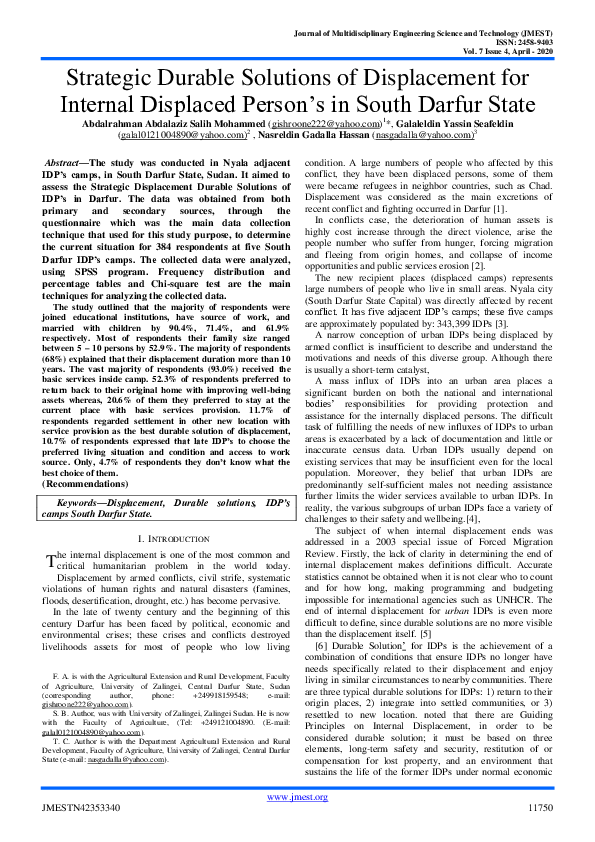 (PDF) Strategic Durable Solutions of Displacement for Internal Displaced Person's in South ...