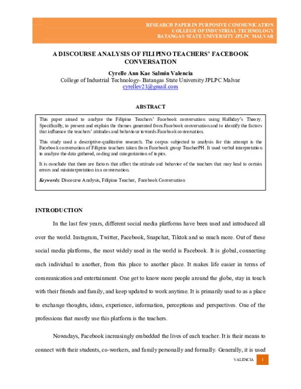 (PDF) A DISCOURSE ANALYSIS OF FILIPINO TEACHERS' FACEBOOK CONVERSATION