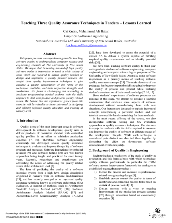 (PDF) Teaching Three Quality Assurance Techniques in Tandem - Lessons ...