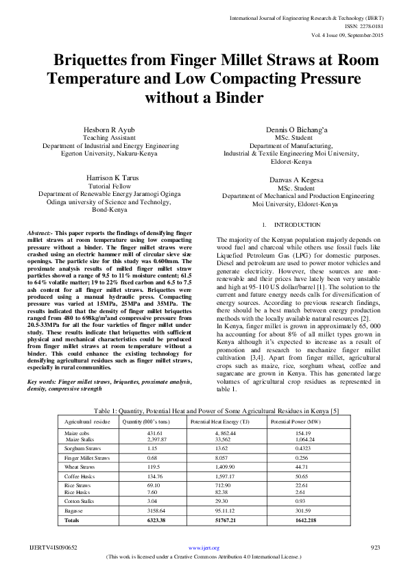 (PDF) IJERT-Briquettes from Finger Millet Straws at Room Temperature ...