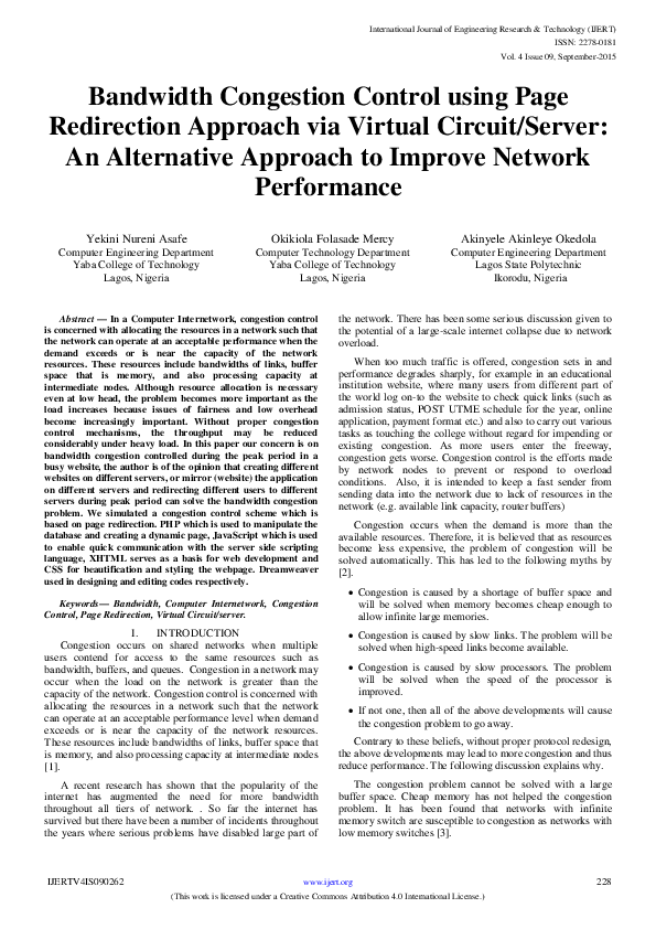 Pdf Ijert Bandwidth Congestion Control Using Page Redirection Approach Via Virtual Circuit